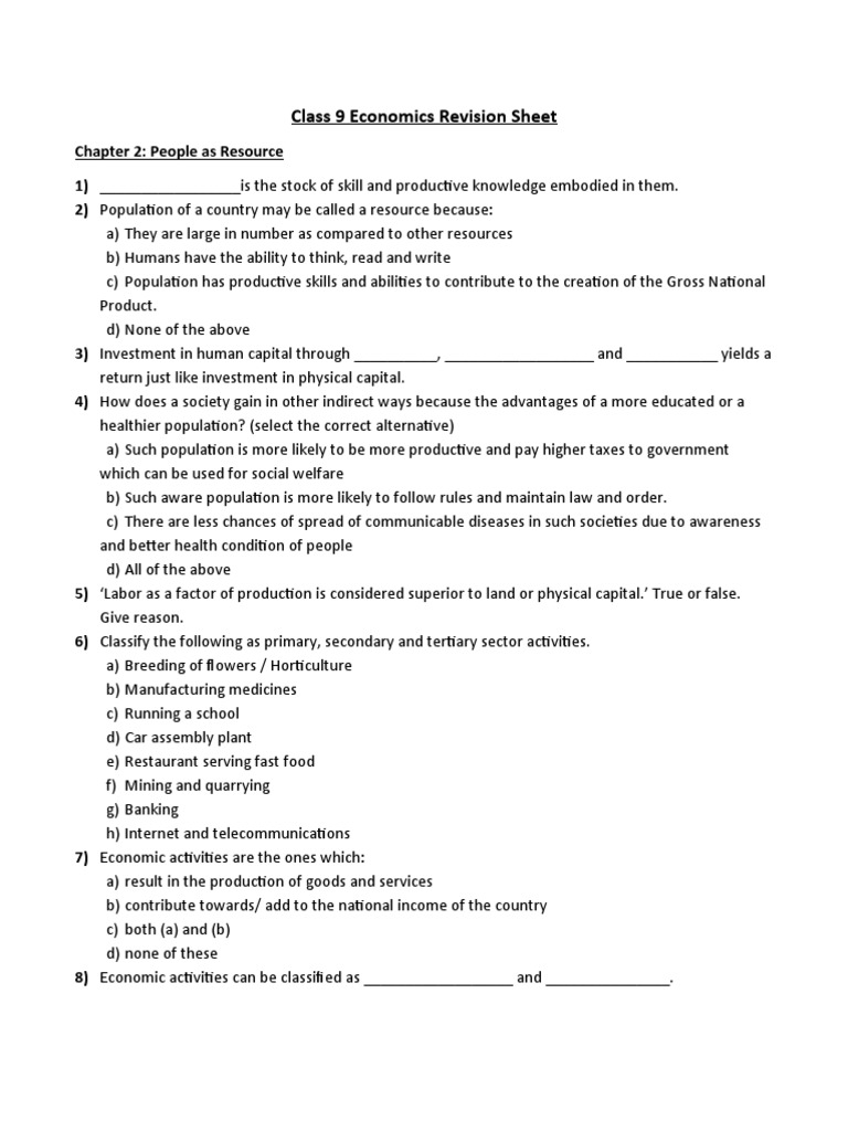 Class 9 Eco - Revision Worksheet - Chapter 1 and 2 | PDF | Agriculture | Fertilizer