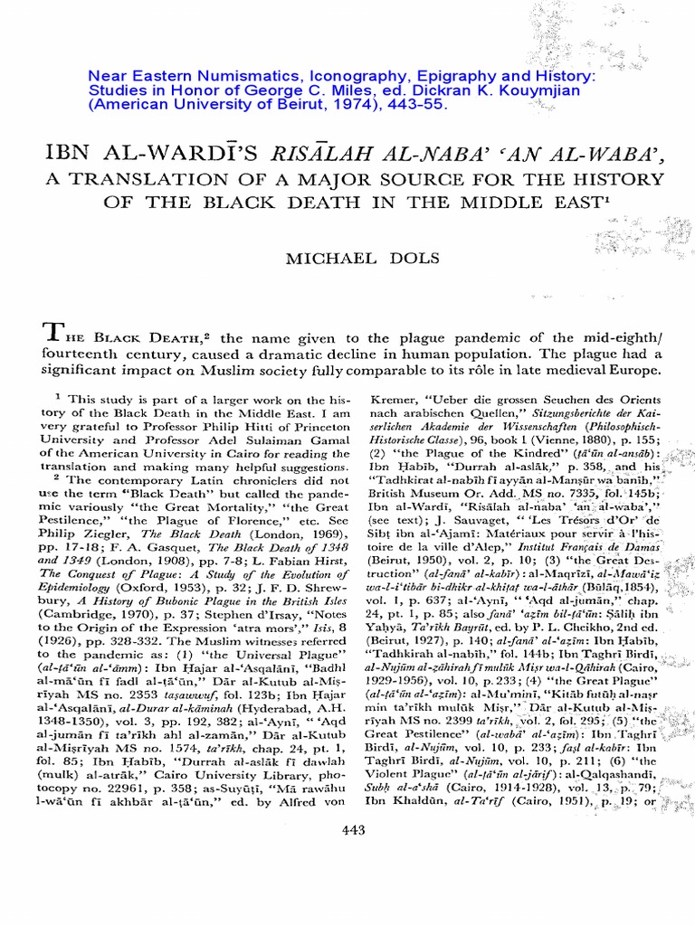 Michael Dols Tr. Ibn Al-Wardi On The Plague 1974 | PDF