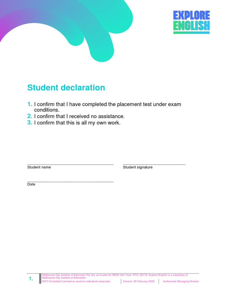 Placement Test - Student Declaration Form | PDF