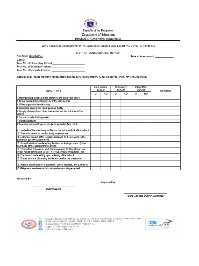 FORM FOR WinS READINESS ASSESSMENT FOR THE OPENING OF CLASSES 2023 ...