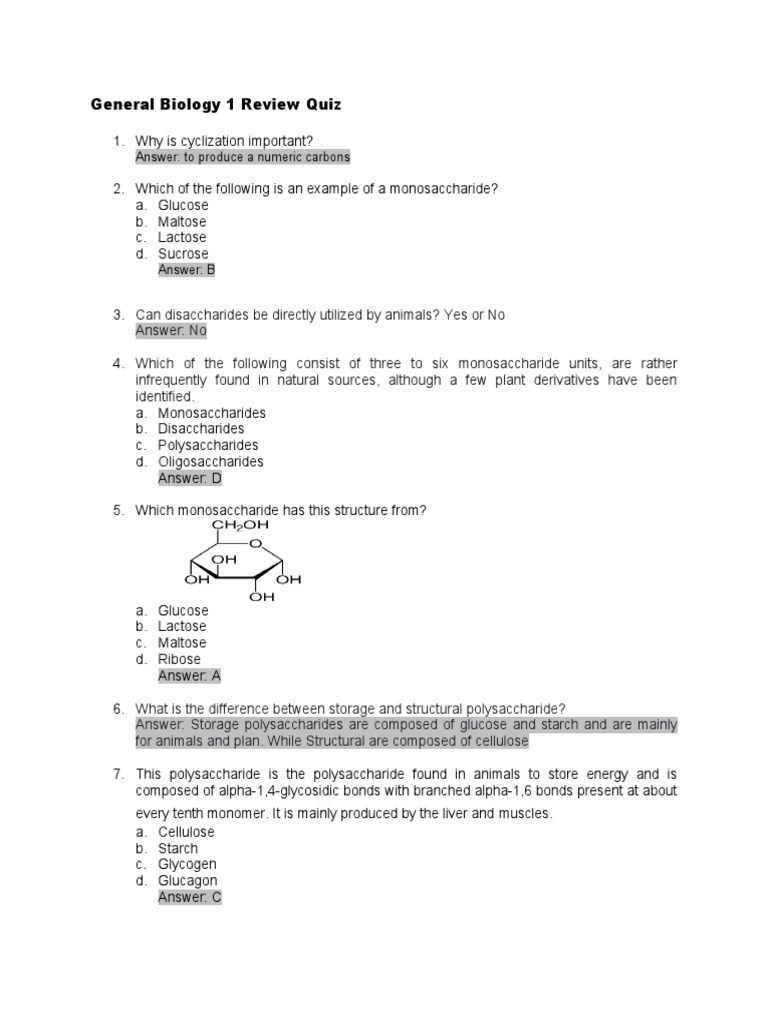 General Biology 1 Review Quiz | PDF | Polysaccharide | Cell Membrane