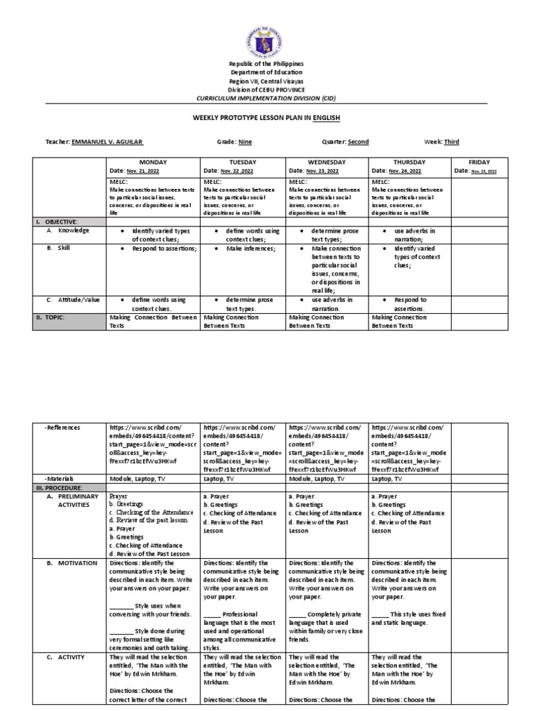 English-Weekly-Prototype-LP-Eng9 - Q2 - Week 3 | PDF