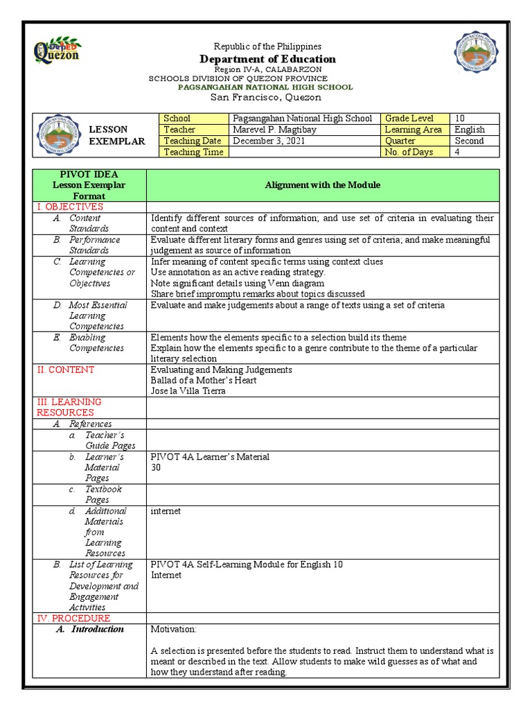 Bda Lesson Exemplar | PDF | Learning | Cognitive Science