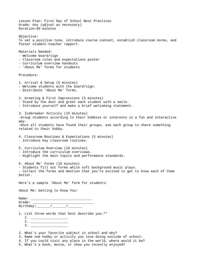 Lesson Plan First Day of School Best Practices | PDF | Curriculum ...