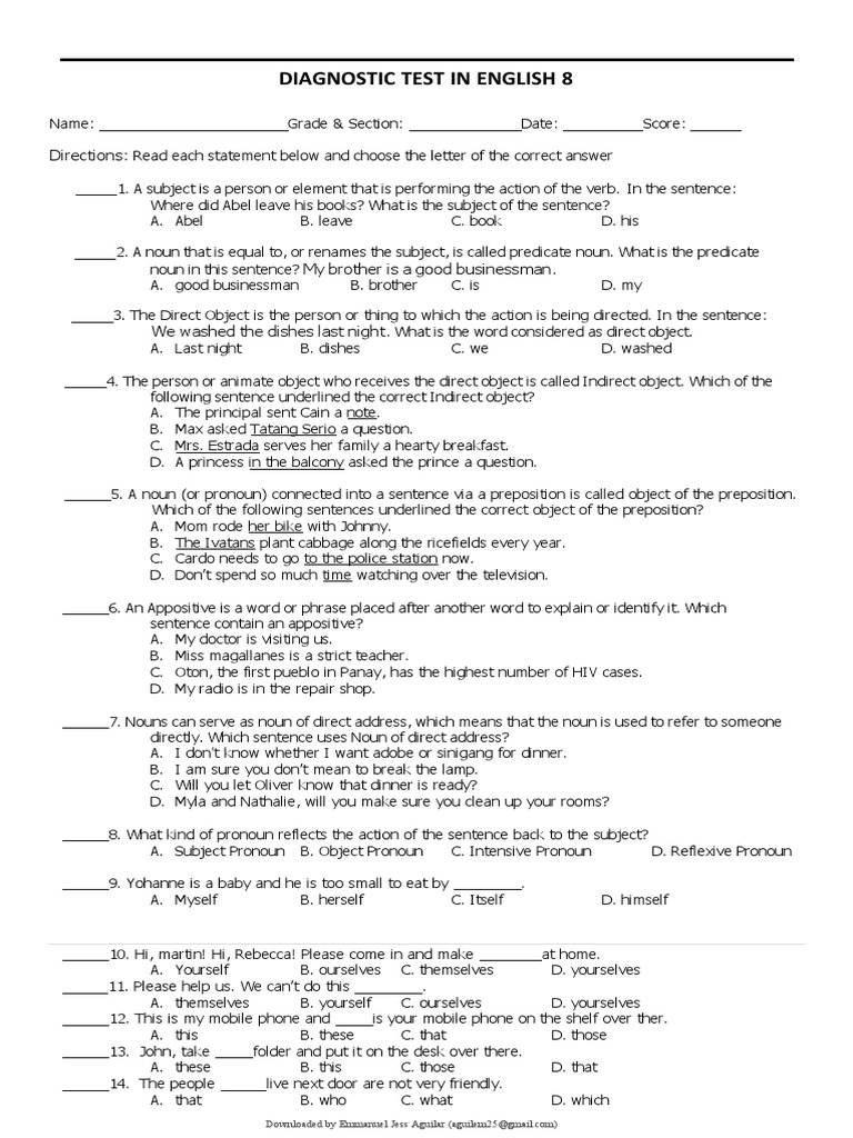 8th Grade English Diagnostic Test | PDF | Verb | Adverb