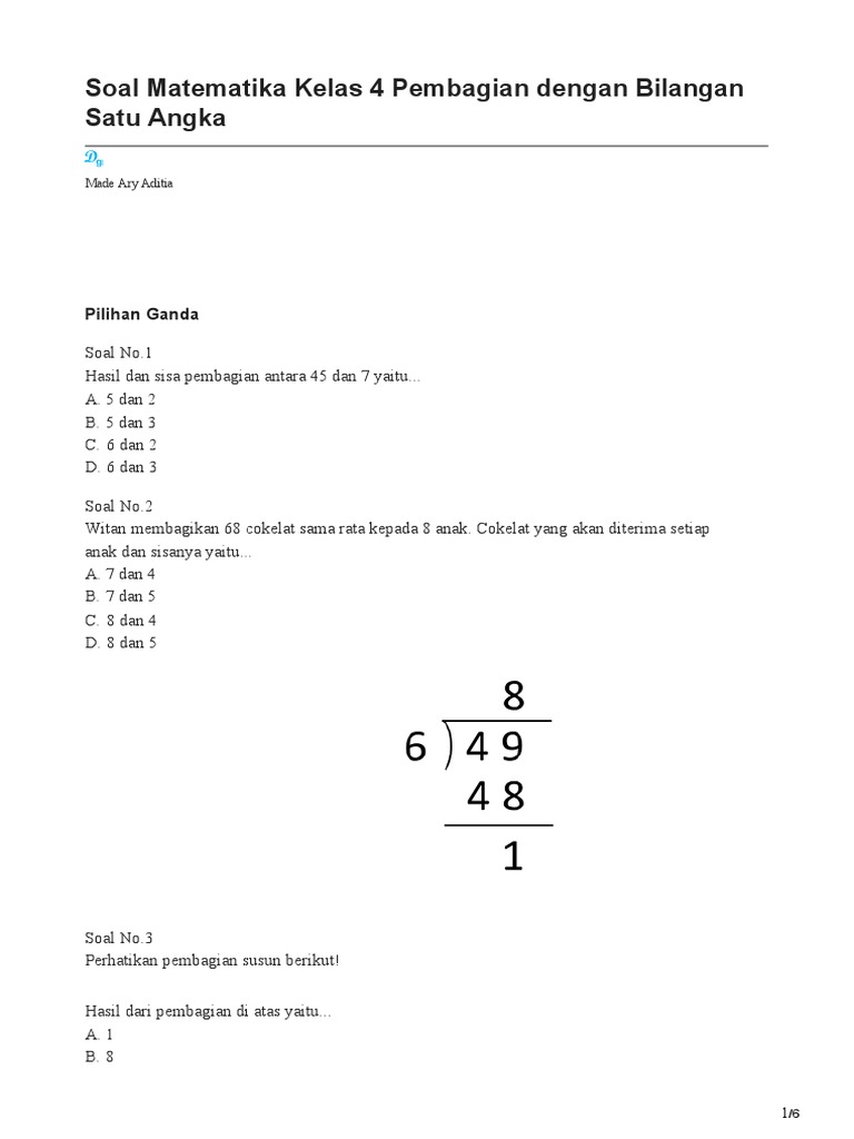 Contoh Soal Matematika Pembagian Satu Angka | PDF