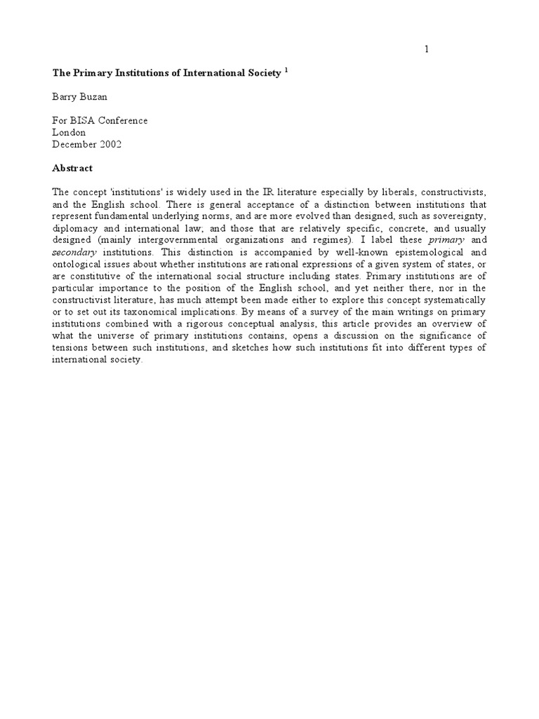 Barry Buzan - The Primary Institutions of International Society | PDF ...