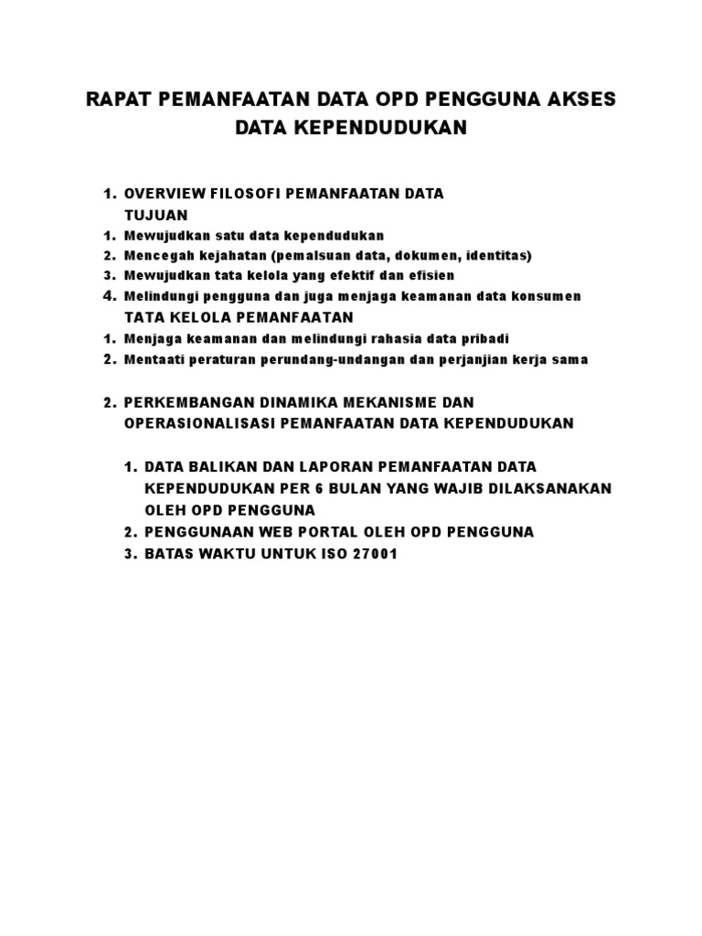 Rapat Pemanfaatan Data Opd Pengguna Akses Data Kependudukan | PDF