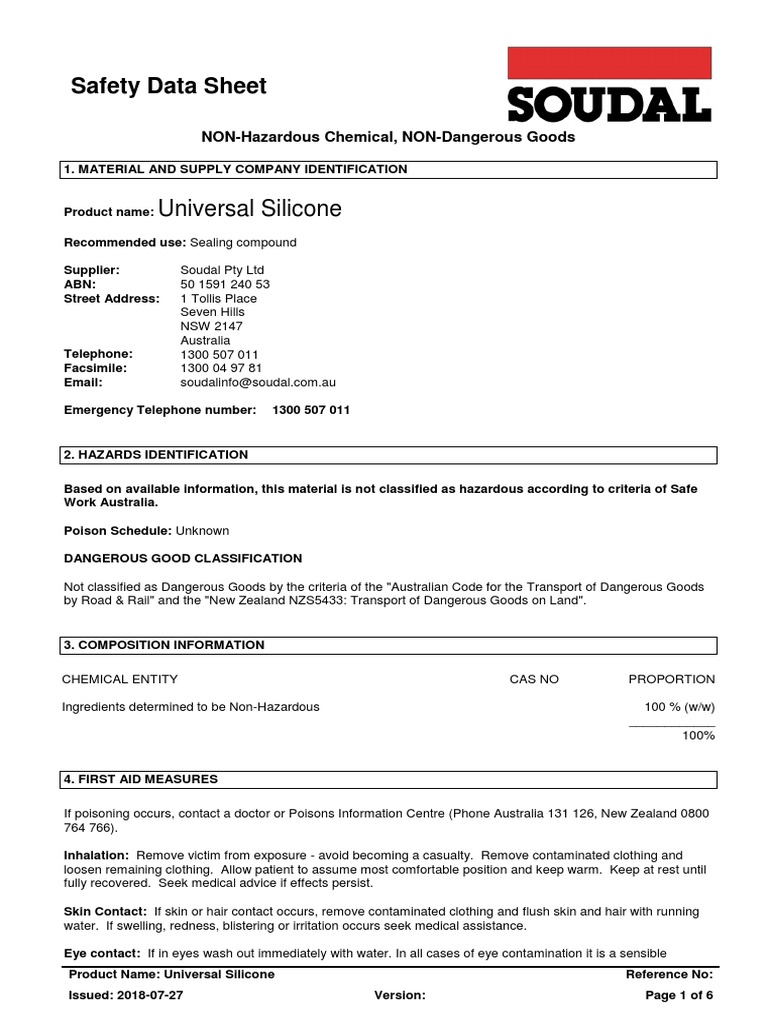 SDS - Soudal Universal Silicone 80ml | PDF | Toxicity | Personal ...