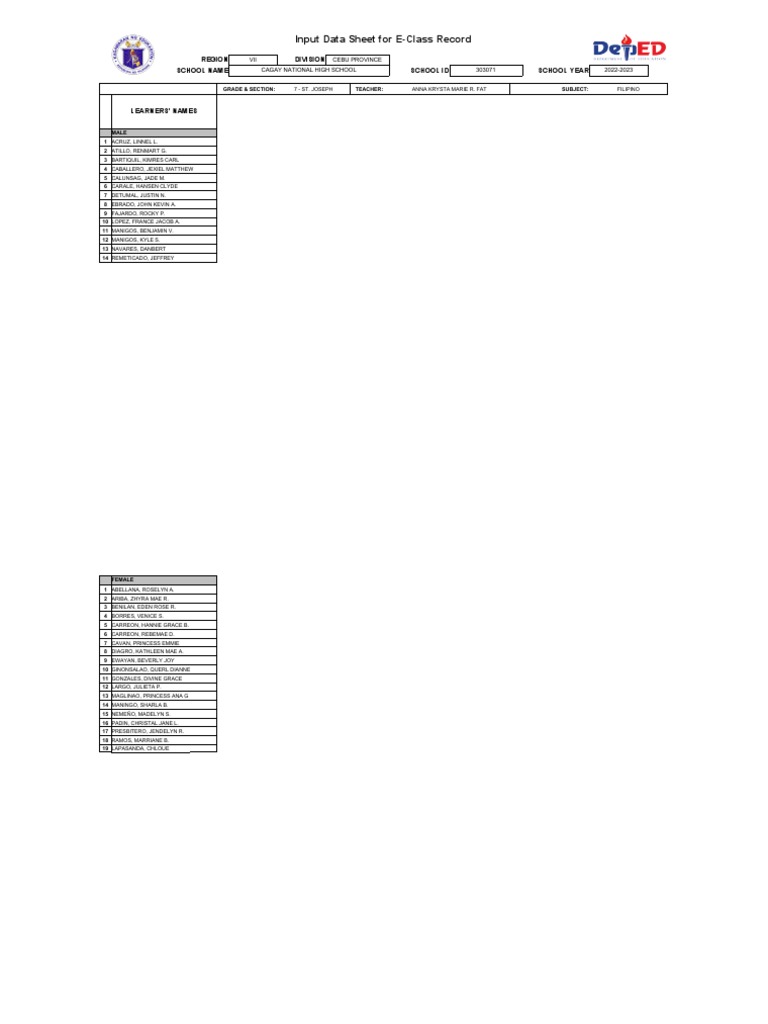 E Class Record Grade 7 St. Joseph FILIPINO | PDF