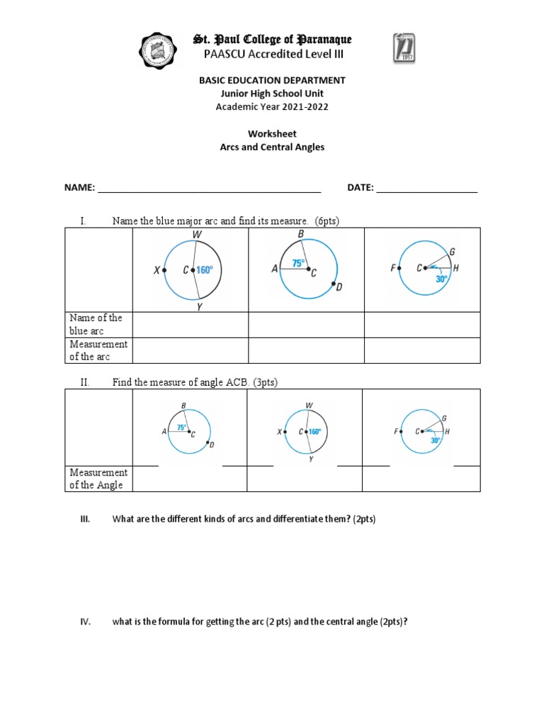 Worksheet - Arcs and Angles | PDF