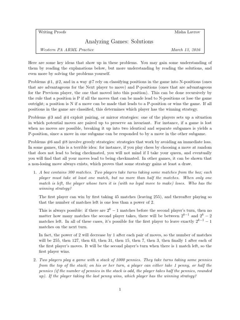 Writing Proofs - Analyzing Games - Solutions - Lavrov (2015-16) | PDF ...