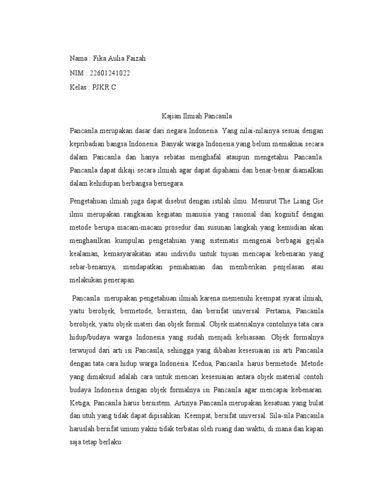 FIKA AULIA FAIZAH - 22601241022 - Essay Kajian Ilmiah Pancasila | PDF