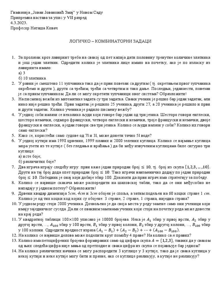 Logicko Kombinatorni Zadaci Za 7. Razred Priprema | PDF