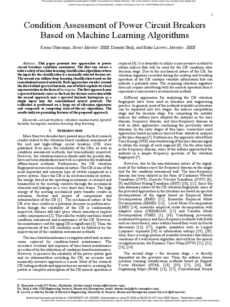 2023, IEEE TPWRD, Condition - Assessment - of - Power - Circuit - Breakers - Based - On ...