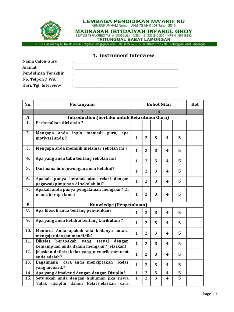 Instrument Interview Calon Guru 2021 | PDF | Karier & Perkembangan ...