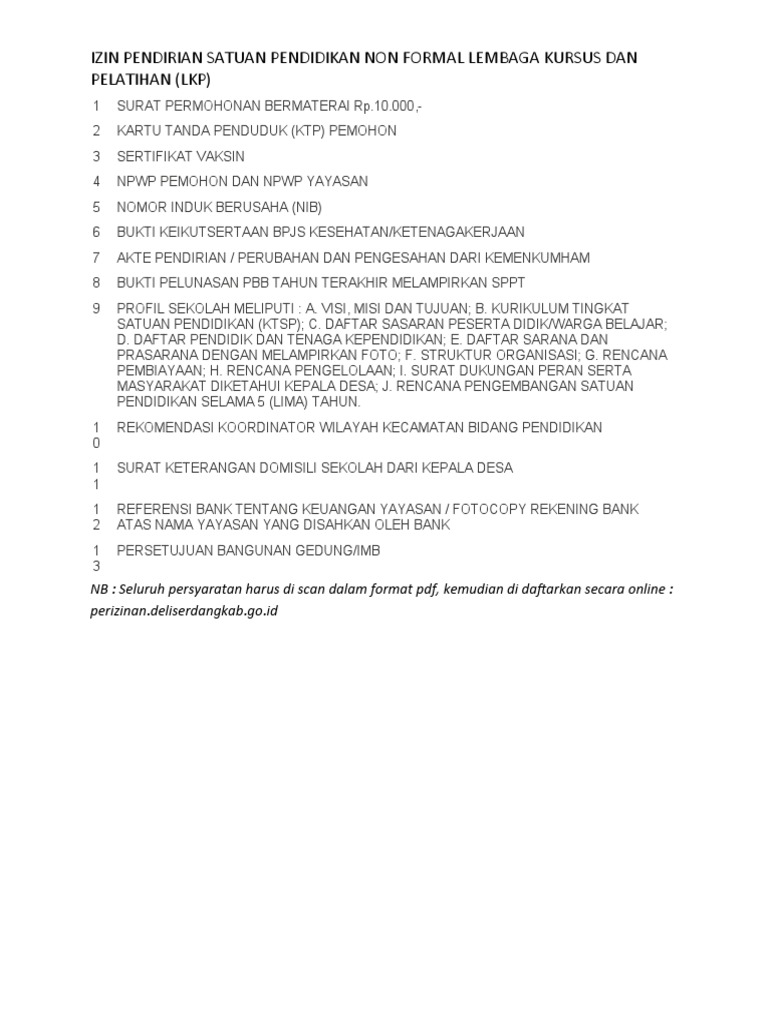 Syarat Izin Operasional LKP | PDF