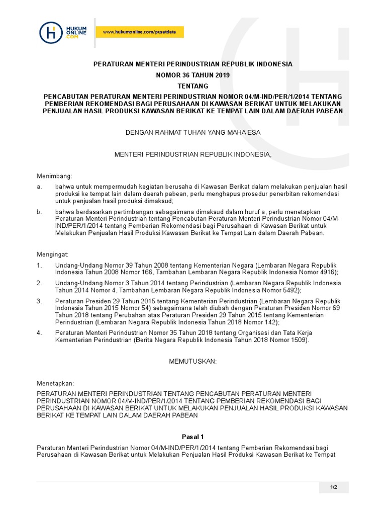 PERMEN PERINDUSTRIAN 36 Tahun 2019 | PDF
