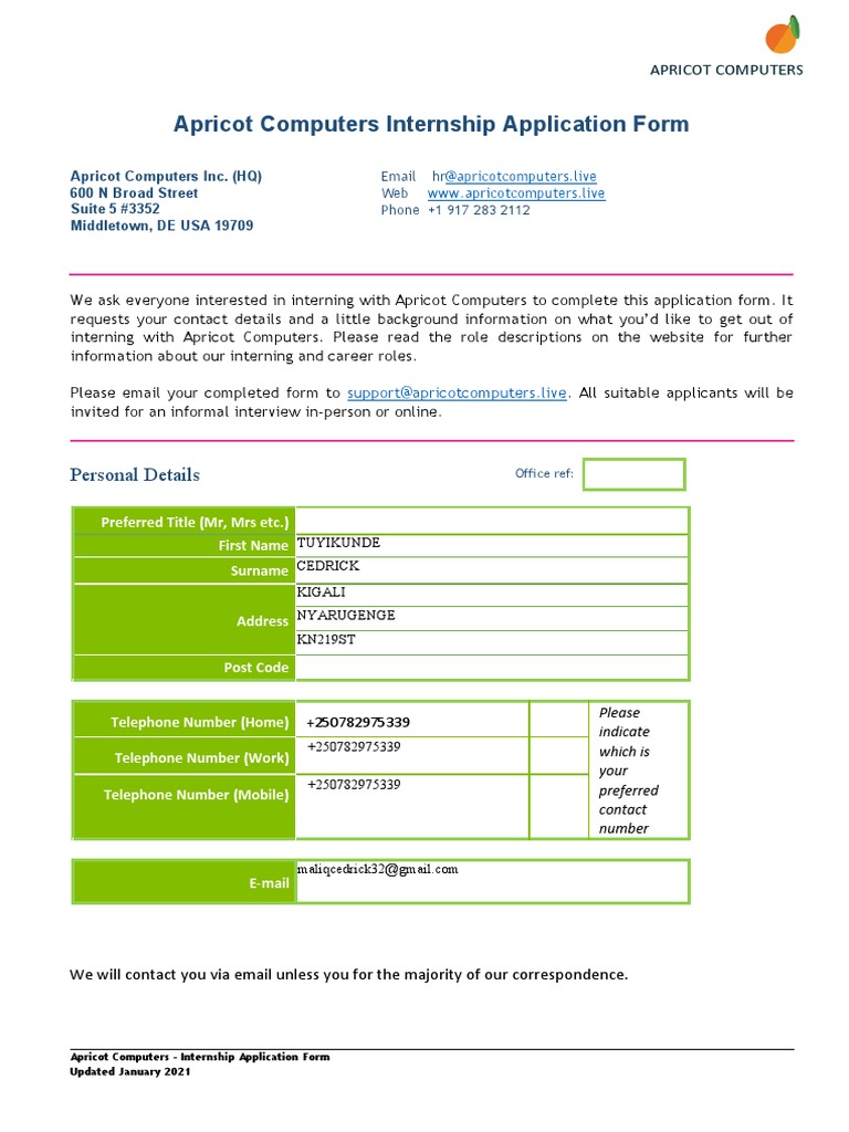 AC Internship Application Form Complete | PDF | Internship | Job Hunting