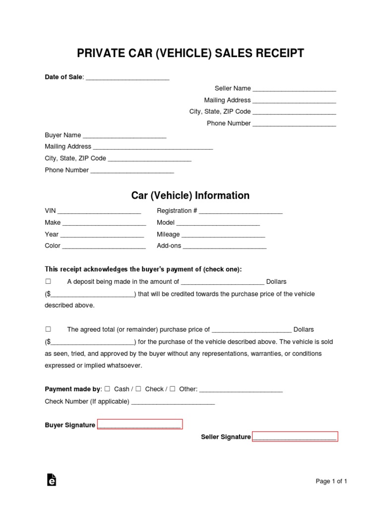Private Car Vehicle Sales Receipt Template | PDF