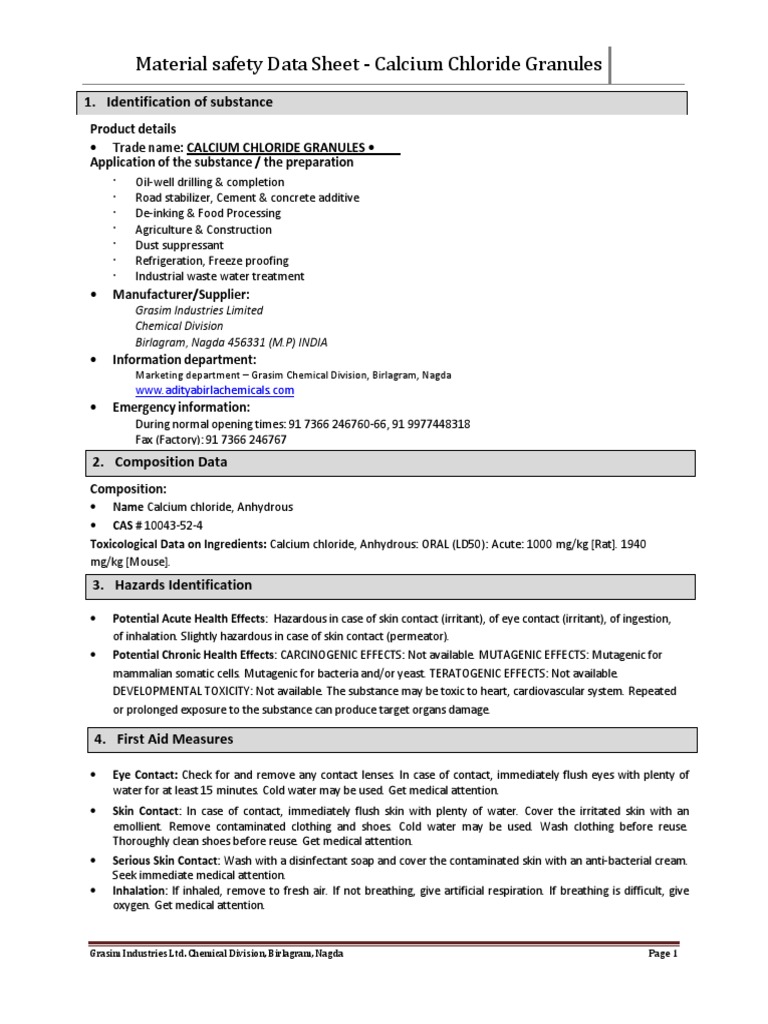 Msds - Calcium - Chloride - Granules | PDF | Toxicity | Dangerous Goods