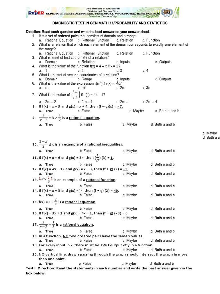 Diagnostic Test Grade 11 | PDF | Probability Distribution | Random Variable