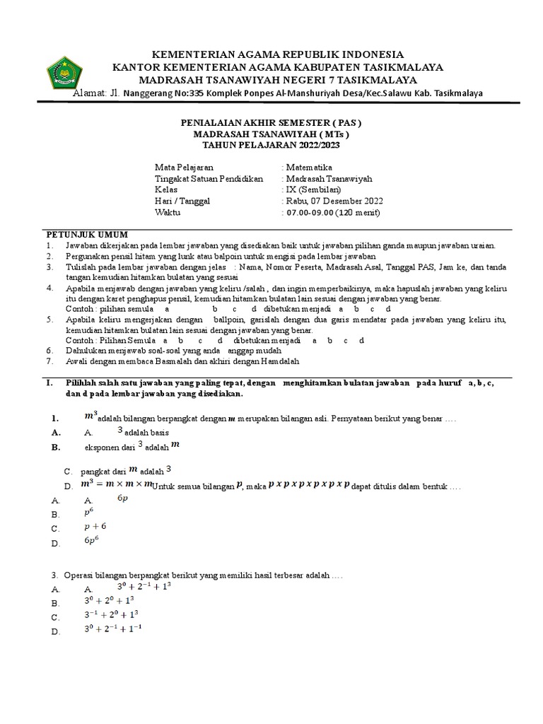 Soal Pas Matematika Kelas 9 Ok | PDF