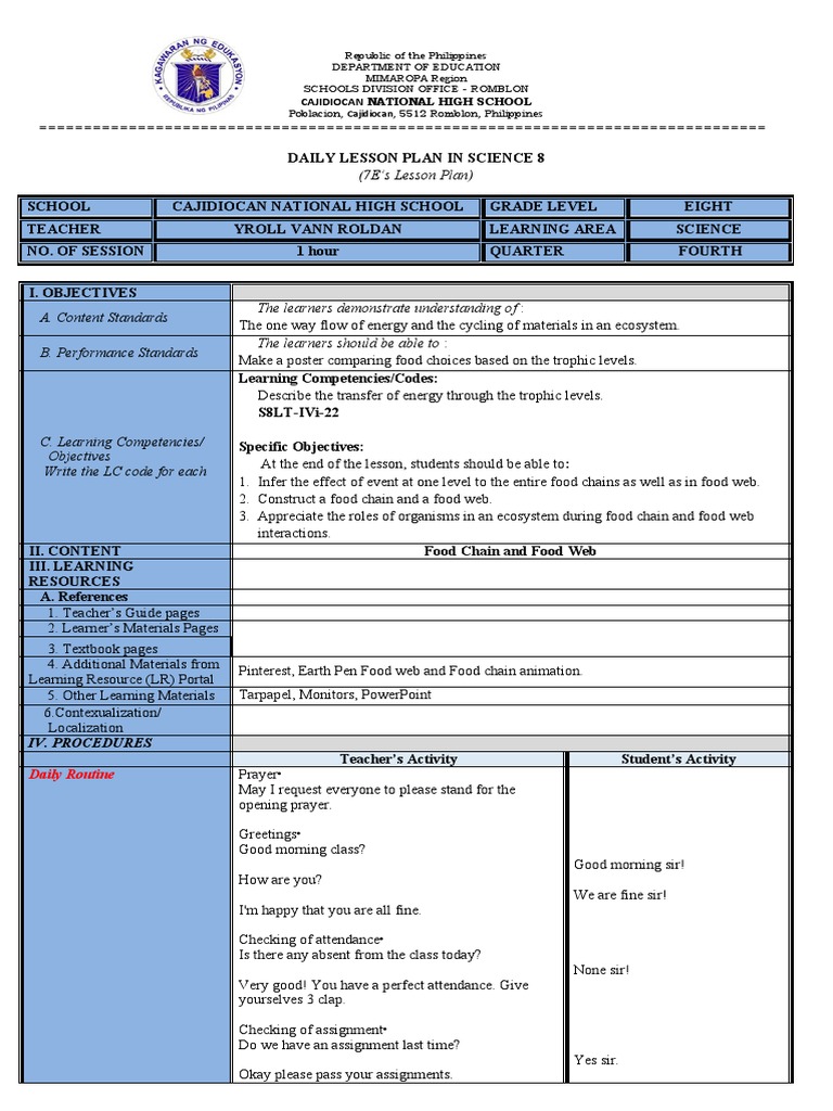 Food Chain and Web Lesson Plan for Grade 8 | PDF | Food Web | Natural ...