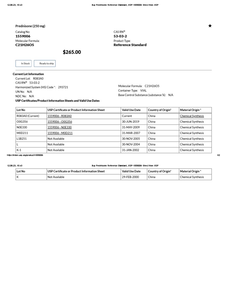 Buy Prednisone Reference Standard, USP-1559006 - Direct From USP | PDF