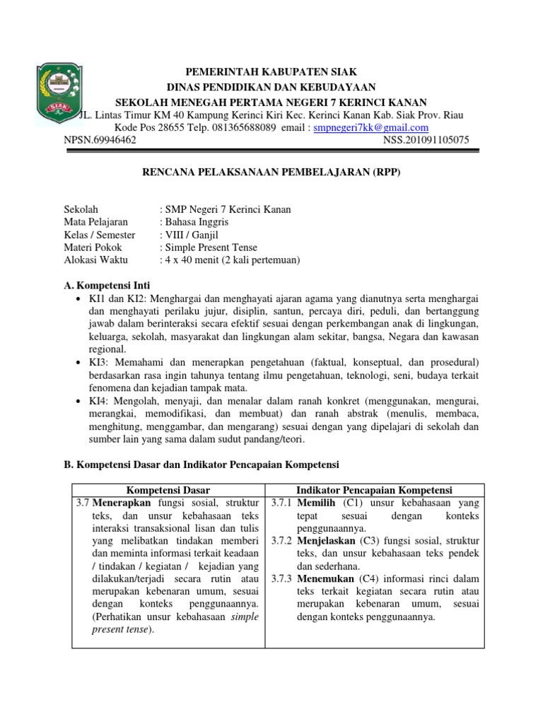RPP Bahasa Inggris Kelas 8: Simple Present Tense | PDF