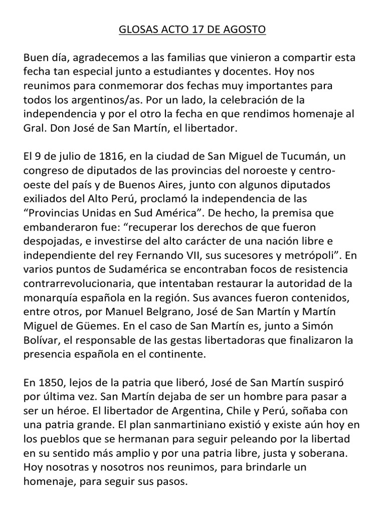 Glosas Acto 17 de Agosto | PDF | América del Sur