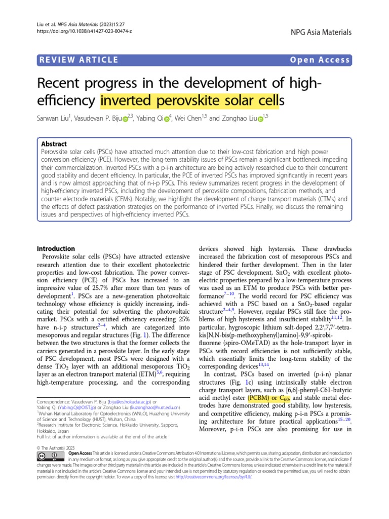 Recent Progress in The Development of High-Efficiency Inverted ...
