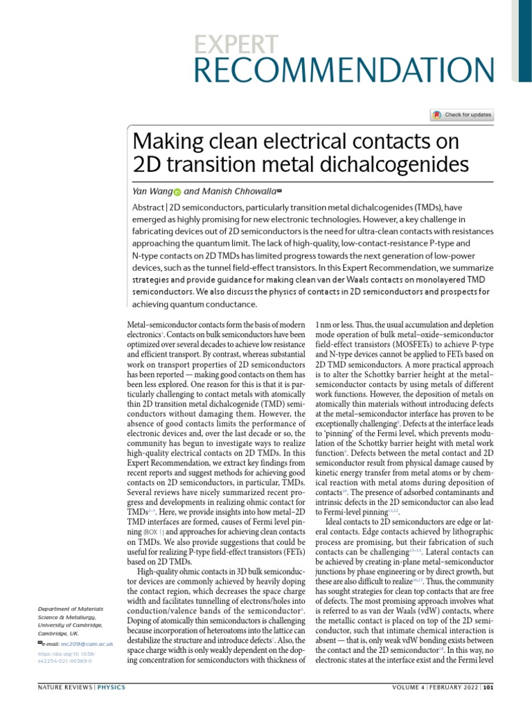Nature Review Making Clean Electrical Contacts On 2D Transition Metal ... Nature Review Making Clean Electrical Contacts On 2D Transition Metal ...