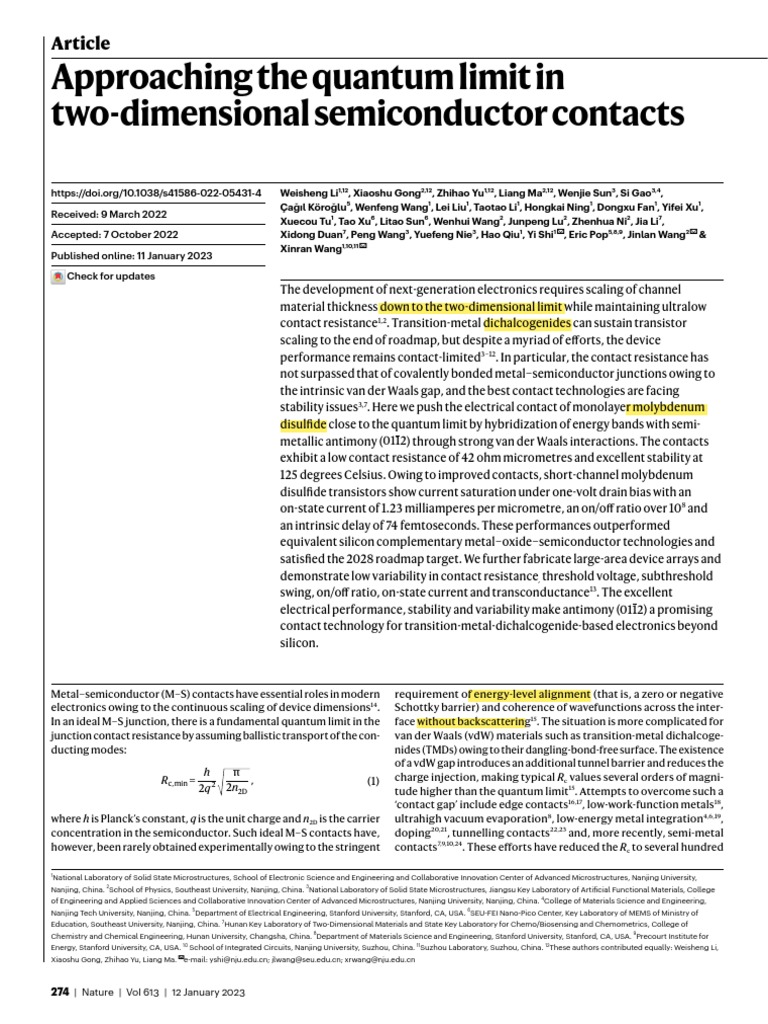 Quantum Limit in 2D Semiconductor Contacts | PDF | Semiconductors ...