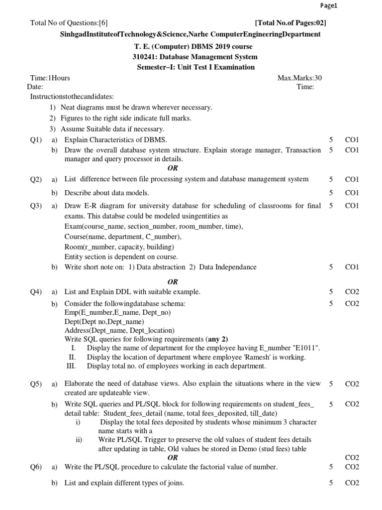 TE Comp 2019 I AY23-24 DBMS UT1 | PDF | Databases | Sql