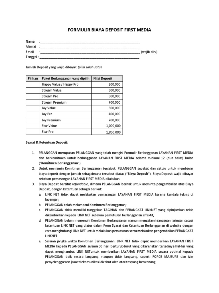 Formulir Deposit First Media | PDF | Pengelolaan Keuangan & Uang