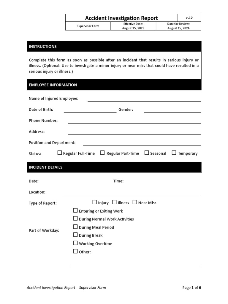 Supervisor Accident Investigation Form | PDF | Injury | Safety