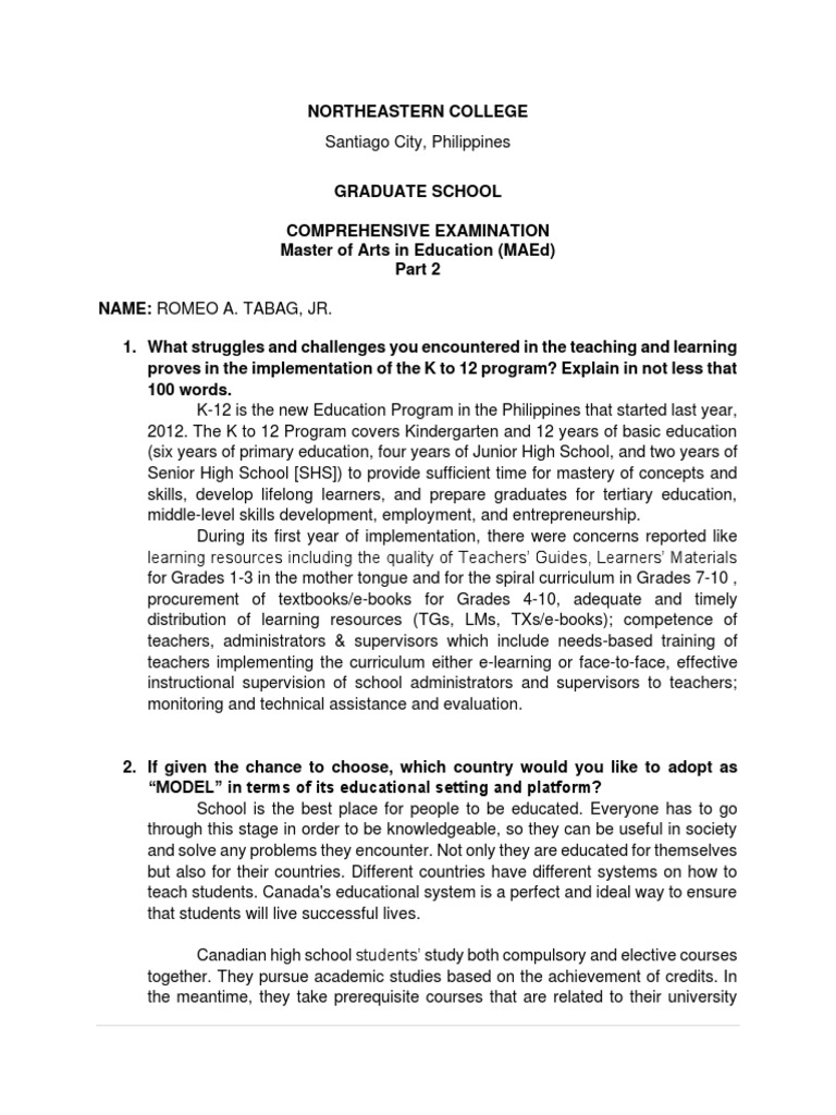 Part 2 Comprehensive Exam Pdf Learning Teachers