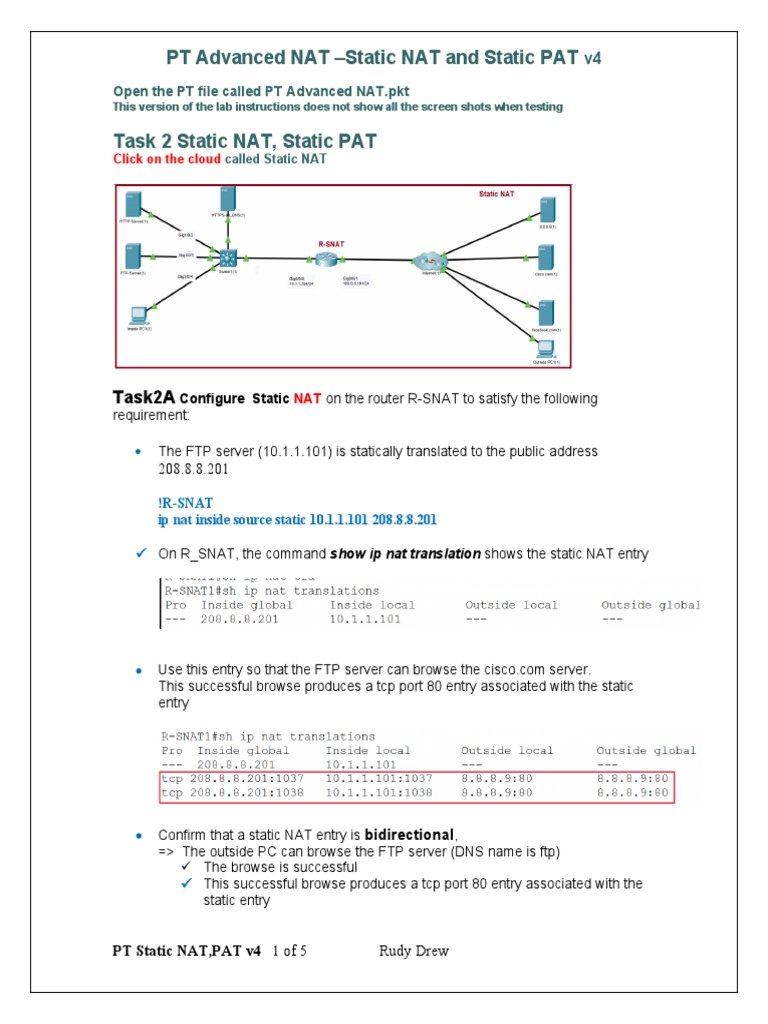 PT Advanced NAT - Static NAT, PAT v4 | PDF