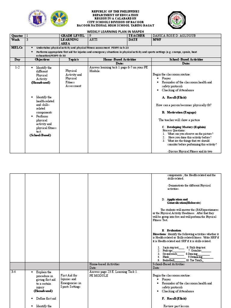 Weekly Learning Plan in Mapeh | PDF | First Aid | Learning