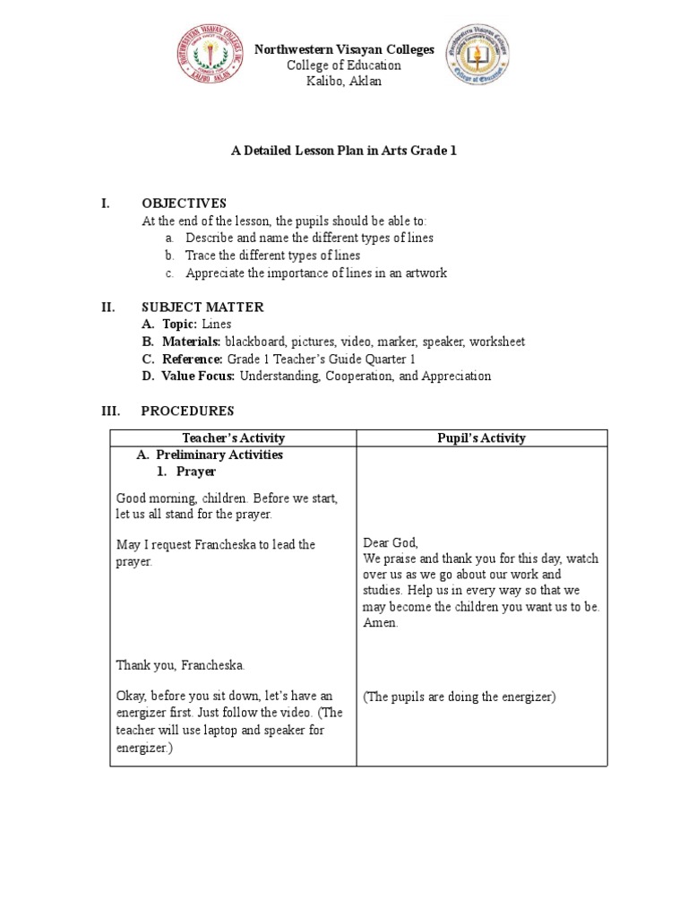 A Detailed Lesson Plan in Arts Grade 1 | PDF
