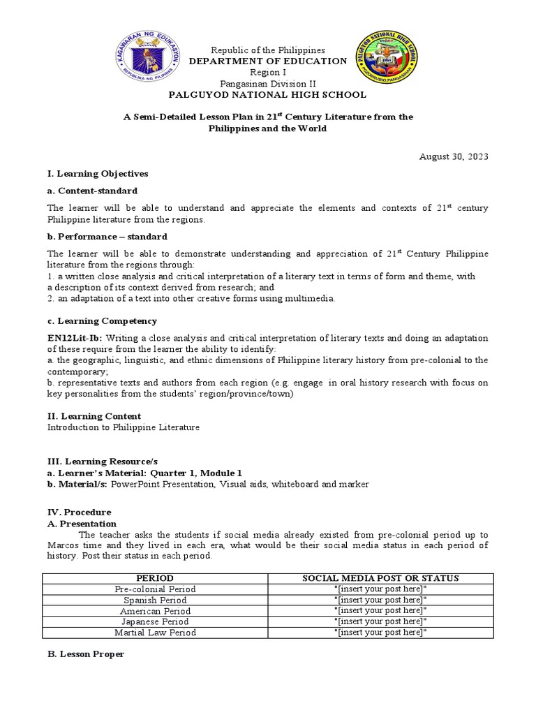 21ST Century Literature Lesson 1 | PDF | Learning | Lesson Plan