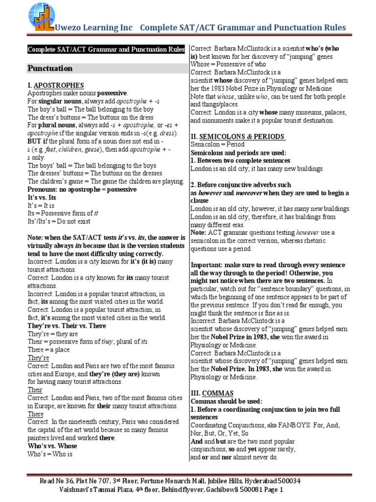 SAT/ACT Grammar & Punctuation Guide | PDF | Grammatical Number | Comma