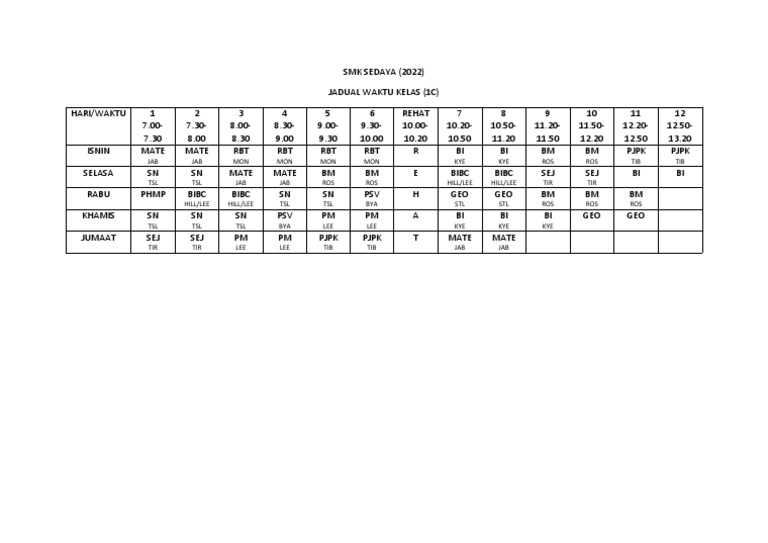 Jadual Waktu Tingkatan 1 C Pdf
