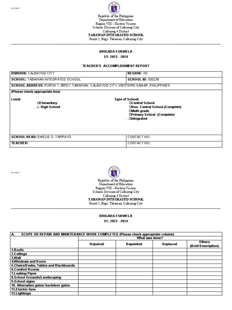 Brigada Eskwela Form 7 Teacher Accomplishment Report | PDF