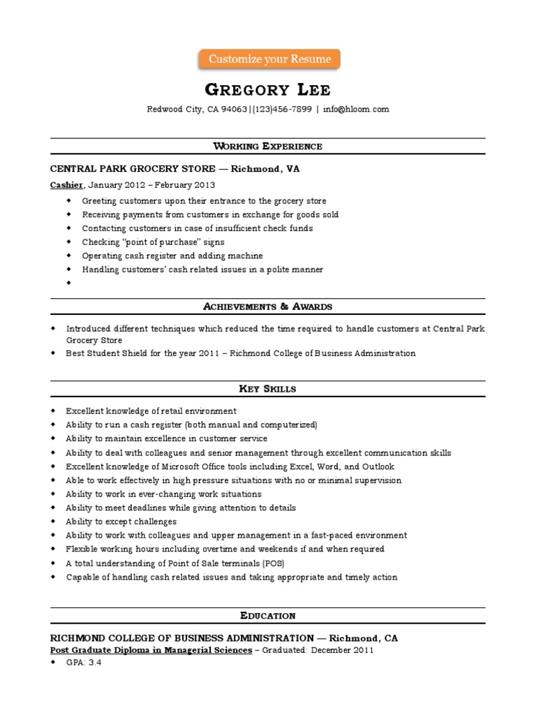 Supermarket Cashier Resume | PDF | Point Of Sale | Computing
