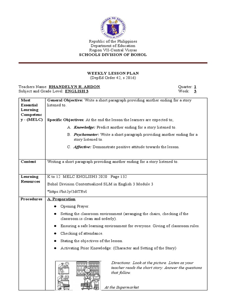 Weekly Lesson Plan English 3 Week 3 Q1 | PDF | Learning | Lesson Plan