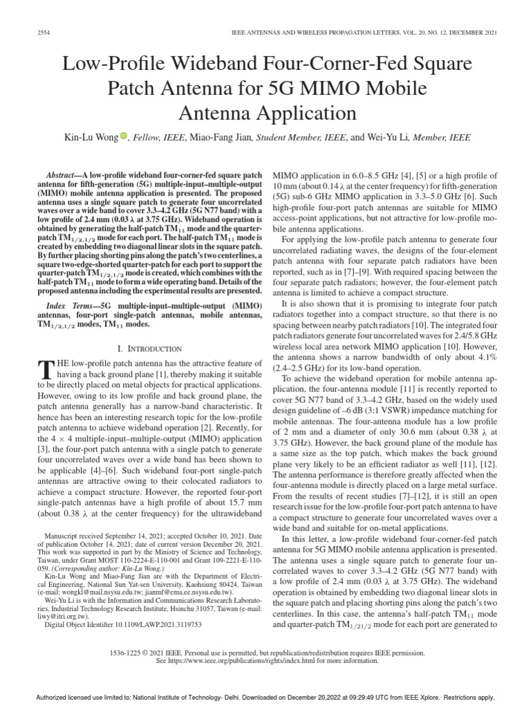 Low-Profile Wideband Four-Corner-Fed Square Patch Antenna For 5G MIMO ... Low-Profile Wideband Four-Corner-Fed Square Patch Antenna For 5G MIMO ...