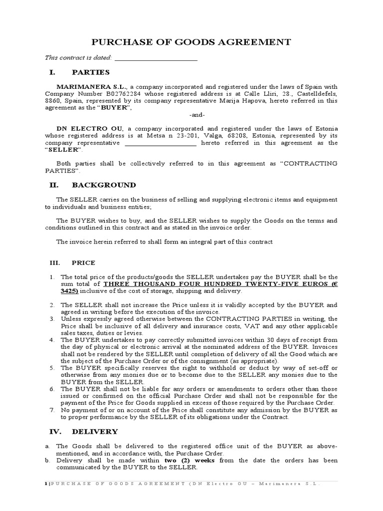 Purchase of Goods Agreement (DN Electro-Marimanera) | PDF | Invoice ...