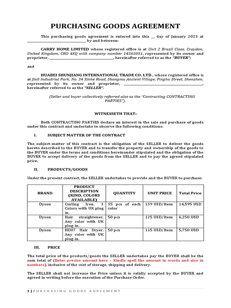 Purchasing Goods Agreement - (China) | PDF